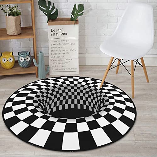 3D Visual Optical Floor Mat, 3D Vortex Illusion Rug Black White Plaid Round Rugs Non-Slip 3D Visual Area Rugs for Dining Room Carpet Home Bedroom Floor Mat (23.6Inch)