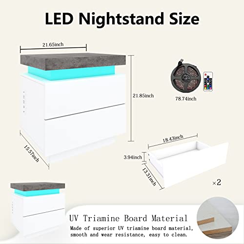 LED Nightstand with Charging Station - Solid Wood LED Bedside Tables End Side Table with 2 USB Ports and 2 AC Outlets - Easy Assembly Modern Night Stands for Bedroom with 2 Sliding Drawers - White