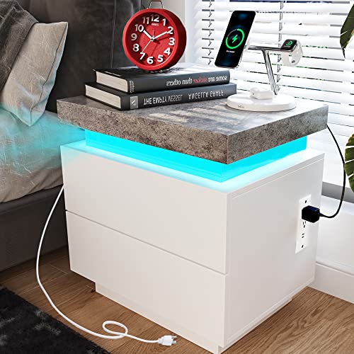 LED Nightstand with Charging Station - Solid Wood LED Bedside Tables End Side Table with 2 USB Ports and 2 AC Outlets - Easy Assembly Modern Night Stands for Bedroom with 2 Sliding Drawers - White