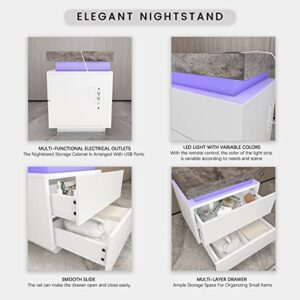 LED Nightstand with Charging Station - Solid Wood LED Bedside Tables End Side Table with 2 USB Ports and 2 AC Outlets - Easy Assembly Modern Night Stands for Bedroom with 2 Sliding Drawers - White