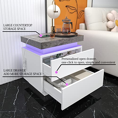 LED Nightstand with Charging Station - Solid Wood LED Bedside Tables End Side Table with 2 USB Ports and 2 AC Outlets - Easy Assembly Modern Night Stands for Bedroom with 2 Sliding Drawers - White