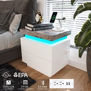 LED Nightstand with Charging Station - Solid Wood LED Bedside Tables End Side Table with 2 USB Ports and 2 AC Outlets - Easy Assembly Modern Night Stands for Bedroom with 2 Sliding Drawers - White