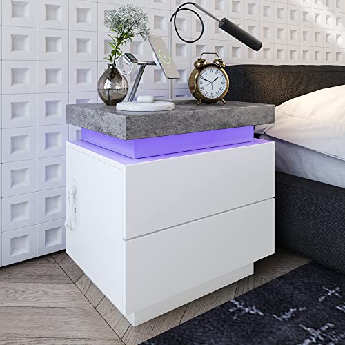 LED Nightstand with Charging Station - Solid Wood LED Bedside Tables End Side Table with 2 USB Ports and 2 AC Outlets - Easy Assembly Modern Night Stands for Bedroom with 2 Sliding Drawers - White