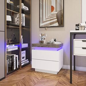 LED Nightstand with Charging Station - Solid Wood LED Bedside Tables End Side Table with 2 USB Ports and 2 AC Outlets - Easy Assembly Modern Night Stands for Bedroom with 2 Sliding Drawers - White