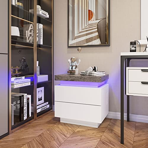 LED Nightstand with Charging Station - Solid Wood LED Bedside Tables End Side Table with 2 USB Ports and 2 AC Outlets - Easy Assembly Modern Night Stands for Bedroom with 2 Sliding Drawers - White