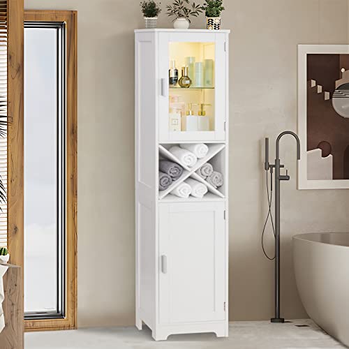 Quimoo Bathroom Cabinet, Storage Cabinet with 2 Doors & LED Sensor Light, Tall Bathroom Storage Cabinet with 3 Adjustable Shelves, Linen Tower Floor Cabinet for Living Room, Bedroom, White