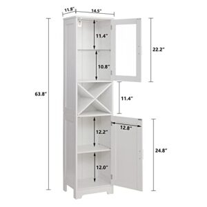 Quimoo Bathroom Cabinet, Storage Cabinet with 2 Doors & LED Sensor Light, Tall Bathroom Storage Cabinet with 3 Adjustable Shelves, Linen Tower Floor Cabinet for Living Room, Bedroom, White