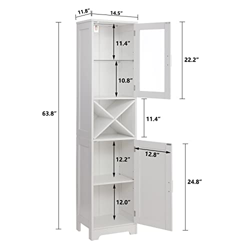 Quimoo Bathroom Cabinet, Storage Cabinet with 2 Doors & LED Sensor Light, Tall Bathroom Storage Cabinet with 3 Adjustable Shelves, Linen Tower Floor Cabinet for Living Room, Bedroom, White