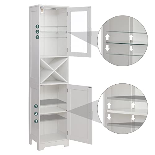 Quimoo Bathroom Cabinet, Storage Cabinet with 2 Doors & LED Sensor Light, Tall Bathroom Storage Cabinet with 3 Adjustable Shelves, Linen Tower Floor Cabinet for Living Room, Bedroom, White