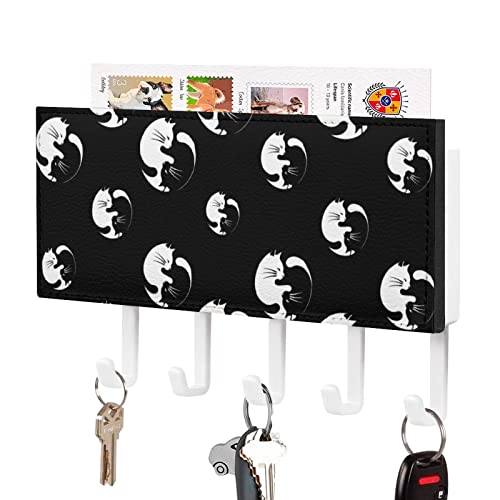 Yin Yang Lucky Cat PU Leather Wall Mounted Key Hook Organizer Hanging Key Holder Decoration