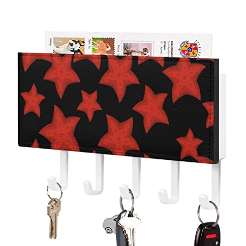 Red Starfish PU Leather Wall Mounted Key Hook Organizer Hanging Key Holder Decoration