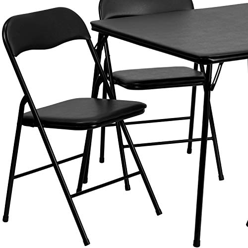 HBCY Creations 5 Piece Commercial Folding Card Table and Chair Set - Black Vinyl Tabletop - Black Metal Frames - Seating for 4