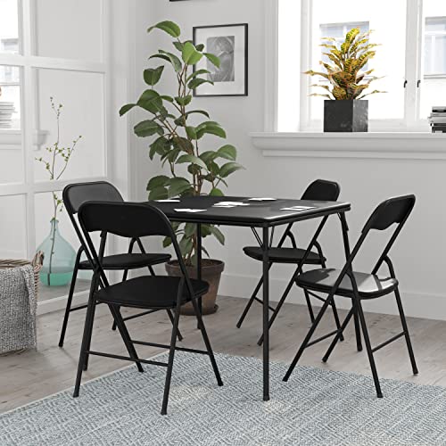 HBCY Creations 5 Piece Commercial Folding Card Table and Chair Set - Black Vinyl Tabletop - Black Metal Frames - Seating for 4