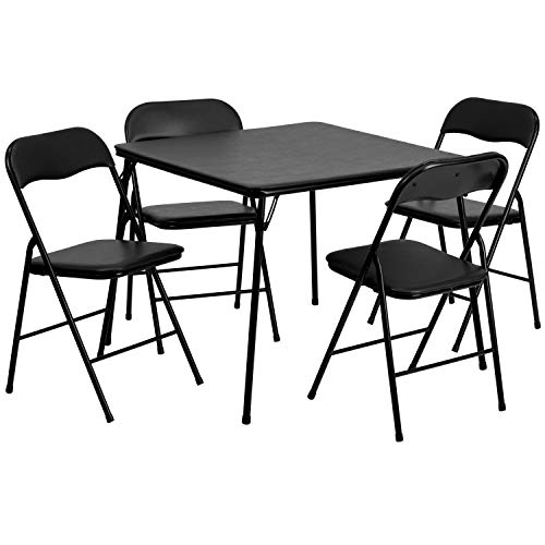 HBCY Creations 5 Piece Commercial Folding Card Table and Chair Set - Black Vinyl Tabletop - Black Metal Frames - Seating for 4