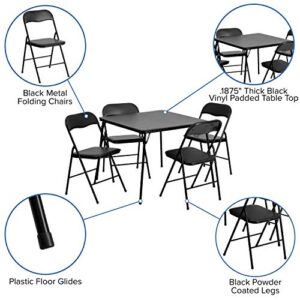 HBCY Creations 5 Piece Commercial Folding Card Table and Chair Set - Black Vinyl Tabletop - Black Metal Frames - Seating for 4