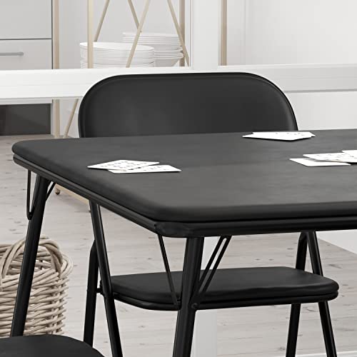 HBCY Creations 5 Piece Commercial Folding Card Table and Chair Set - Black Vinyl Tabletop - Black Metal Frames - Seating for 4