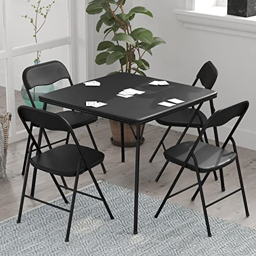 HBCY Creations 5 Piece Commercial Folding Card Table and Chair Set - Black Vinyl Tabletop - Black Metal Frames - Seating for 4