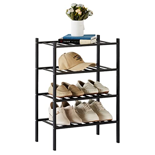 Trenect Shoe Rack for Entryway Closet 4 Tier Narrow Shoe Rack Stackable Organizer Storage Bamboo Shoe Rack Vertical Small Shoe Rack Shelf Free Standing Shoe Racks 11 * 17.7 * 26.2 Inches (Black)