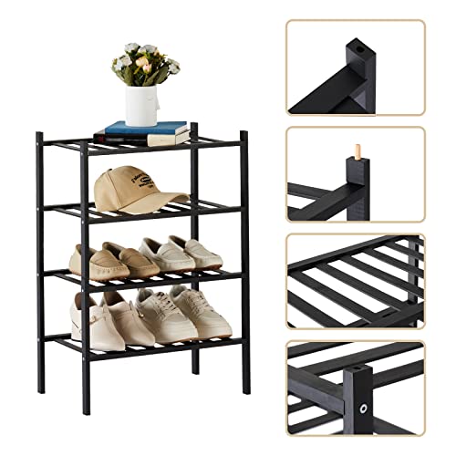 Trenect Shoe Rack for Entryway Closet 4 Tier Narrow Shoe Rack Stackable Organizer Storage Bamboo Shoe Rack Vertical Small Shoe Rack Shelf Free Standing Shoe Racks 11 * 17.7 * 26.2 Inches (Black)