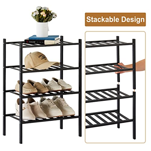 Trenect Shoe Rack for Entryway Closet 4 Tier Narrow Shoe Rack Stackable Organizer Storage Bamboo Shoe Rack Vertical Small Shoe Rack Shelf Free Standing Shoe Racks 11 * 17.7 * 26.2 Inches (Black)