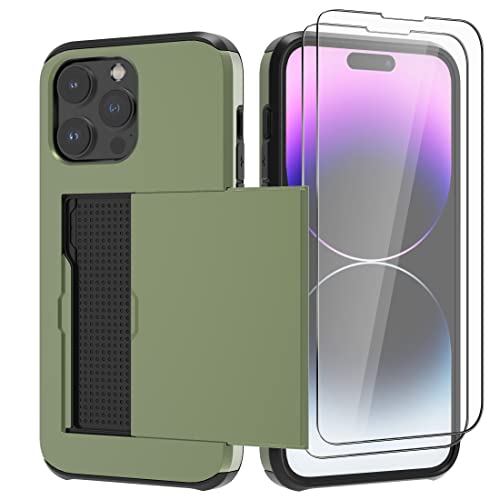 Arichoe for iPhone 14 Pro Wallet Case with Card Holder Heavy Duty Protective Wallet Case with [2 Pack] Screen Protector Shockproof Hidden Card iPhone 14 Pro Wallet Case for Women Men Green