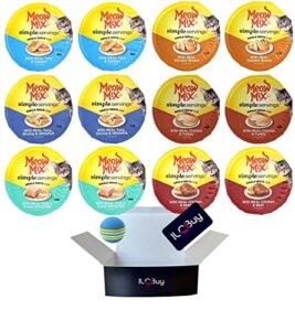 ilc buy meow mix simple servings variety bundle| 6 flavors,(2) each: chicken turkey, tuna whitefish, chicken beef, tuna salmon, chicken breast, tuna shrimp (1.3 oz) plus foam cat toy ball magnet.