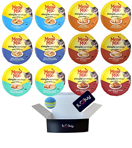 ILC Buy Meow Mix Simple Servings Variety Bundle| 6 Flavors,(2) Each: Chicken Turkey, Tuna Whitefish, Chicken Beef, Tuna Salmon, Chicken Breast, Tuna Shrimp (1.3 OZ) Plus Foam cat Toy Ball Magnet.