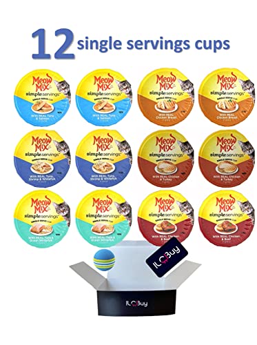 ILC Buy Meow Mix Simple Servings Variety Bundle| 6 Flavors,(2) Each: Chicken Turkey, Tuna Whitefish, Chicken Beef, Tuna Salmon, Chicken Breast, Tuna Shrimp (1.3 OZ) Plus Foam cat Toy Ball Magnet.