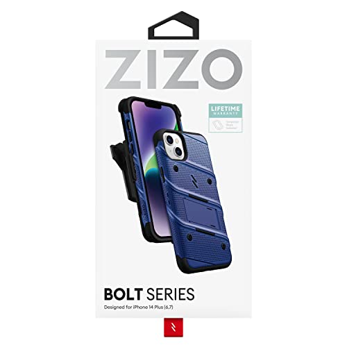 ZIZO Bolt Bundle for iPhone 14 Plus Case with Screen Protector Kickstand Holster Lanyard - Blue