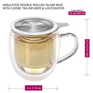 Teabloom Double-Wall Heatproof Glass Mug with Stainless Steel Infuser and White Lid – 15 OZ / 430 ML – 2 Blooming Teas Included