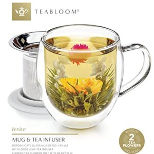 Teabloom Double-Wall Heatproof Glass Mug with Stainless Steel Infuser and White Lid – 15 OZ / 430 ML – 2 Blooming Teas Included