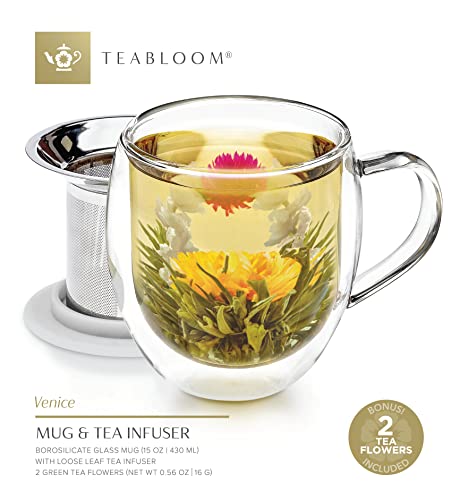 Teabloom Double-Wall Heatproof Glass Mug with Stainless Steel Infuser and White Lid – 15 OZ / 430 ML – 2 Blooming Teas Included