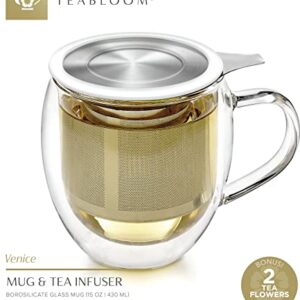 Teabloom Double-Wall Heatproof Glass Mug with Stainless Steel Infuser and White Lid – 15 OZ / 430 ML – 2 Blooming Teas Included