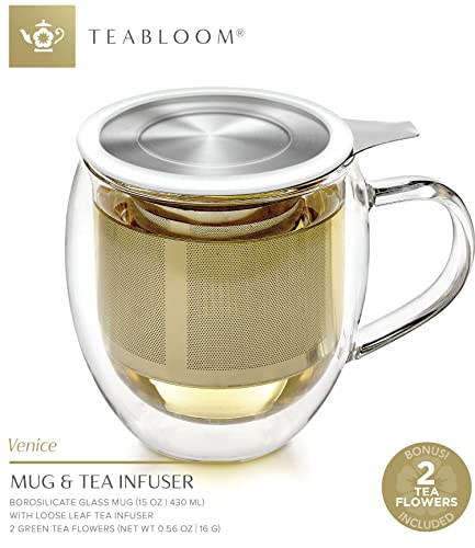 Teabloom Double-Wall Heatproof Glass Mug with Stainless Steel Infuser and White Lid – 15 OZ / 430 ML – 2 Blooming Teas Included