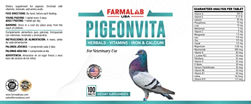 PIGEONVITA para Palomas 100Tabs Vitamins Minerals Aminoacids for Racing Pigeons Show Pigeons Rollers Hens Doves Vitaminas Minerales Aminoacidos