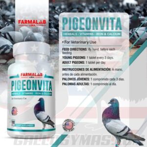 PIGEONVITA para Palomas 100Tabs Vitamins Minerals Aminoacids for Racing Pigeons Show Pigeons Rollers Hens Doves Vitaminas Minerales Aminoacidos