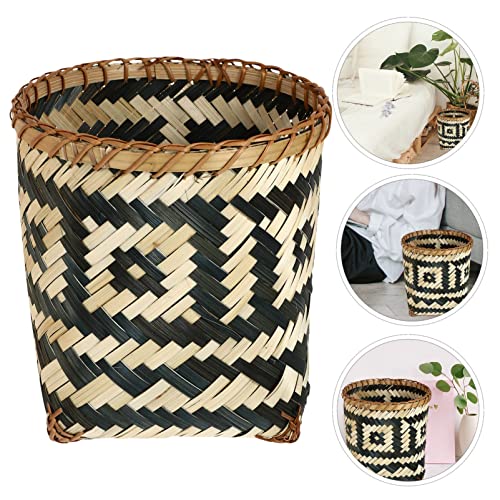 Housoutil Woven Waste Paper Bin: Round Wicker Rubbish Basket Rustic Wastebasket Garbage Can Sundries Container Flower Holder Pot Planter for Bathrooms Kitchens Home Office