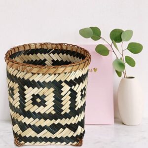 Housoutil Woven Waste Paper Bin: Round Wicker Rubbish Basket Rustic Wastebasket Garbage Can Sundries Container Flower Holder Pot Planter for Bathrooms Kitchens Home Office