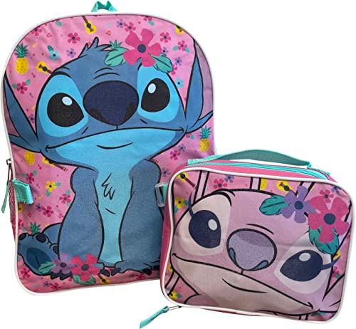 Fast Forward Stitch and Angel 15 Inch Kids Backpack With Removable Lunch Box (Pink-Aqua)