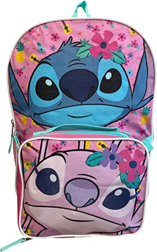 Fast Forward Stitch and Angel 15 Inch Kids Backpack With Removable Lunch Box (Pink-Aqua)