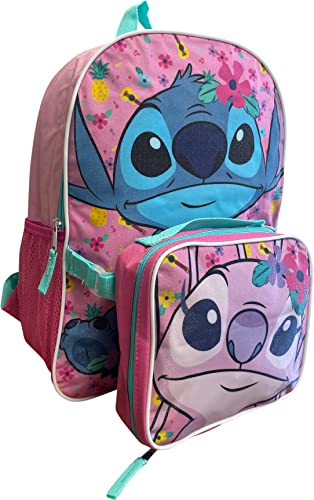 Fast Forward Stitch and Angel 15 Inch Kids Backpack With Removable Lunch Box (Pink-Aqua)