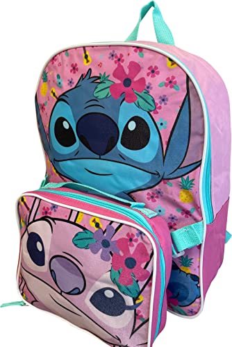 Fast Forward Stitch and Angel 15 Inch Kids Backpack With Removable Lunch Box (Pink-Aqua)