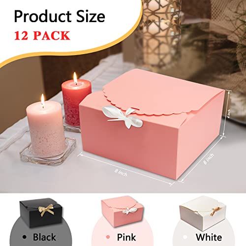 HYMENEX 12pcs gift boxes with Lids, Bridesmaid Proposal Box Pink , 8x8x4 inches with Ribbon for Presents Weddings Gift Chocolate Cupcake Crafting (Pink)