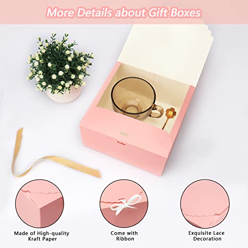 HYMENEX 12pcs gift boxes with Lids, Bridesmaid Proposal Box Pink , 8x8x4 inches with Ribbon for Presents Weddings Gift Chocolate Cupcake Crafting (Pink)