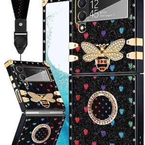 Loheckle for Samsung Galaxy Z Flip 3 Case for Women, Designer Square Cases for Galaxy Z Flip 3 Phone Case with Ring Stand Holder and Lanyard, Stylish Bee Luxury Cover for Samsung Flip 3 6.7''