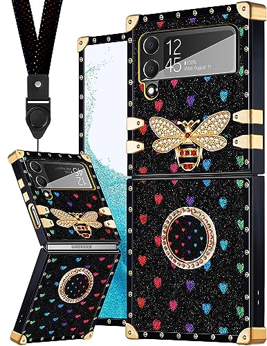 Loheckle for Samsung Galaxy Z Flip 3 Case for Women, Designer Square Cases for Galaxy Z Flip 3 Phone Case with Ring Stand Holder and Lanyard, Stylish Bee Luxury Cover for Samsung Flip 3 6.7''