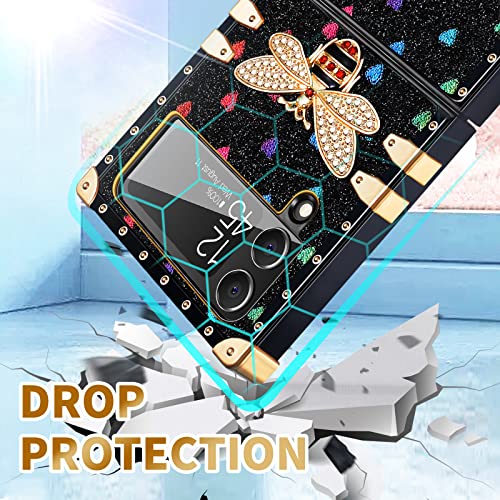 Loheckle for Samsung Galaxy Z Flip 3 Case for Women, Designer Square Cases for Galaxy Z Flip 3 Phone Case with Ring Stand Holder and Lanyard, Stylish Bee Luxury Cover for Samsung Flip 3 6.7''