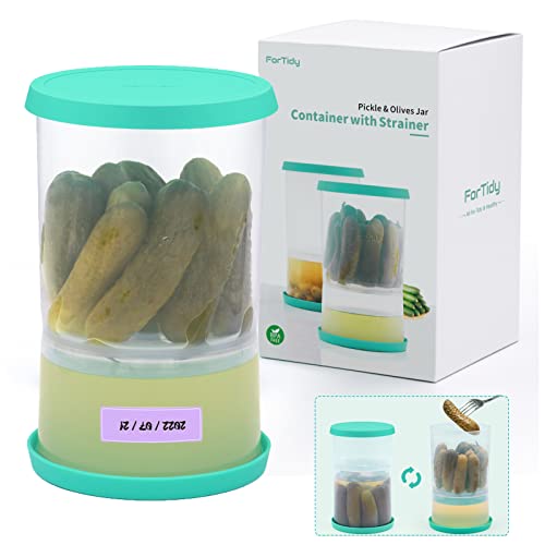 FORTIDY Pickle Jar/Container with Strainer Flip & Label – 47 oz Large Airtight Storage, Wide Mouth, BPA Free, Dishwasher Safe, Goodbye Juice Finger, Kitchen Organization Must-Have Versatile Food Saver