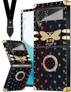 loheckle for samsung galaxy z flip 4 case for women, designer square cases for galaxy z flip 4 phone case with ring stand holder and lanyard, stylish bee luxury cover for samsung flip 4 6.7''