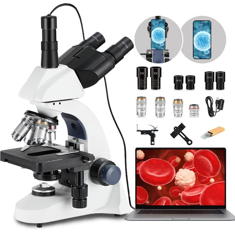 Professional Laboratory Research 40X-5000X Compound Trinocular Microscope for Adults Students with Storage Bag, Metal Eyepiece, Slides